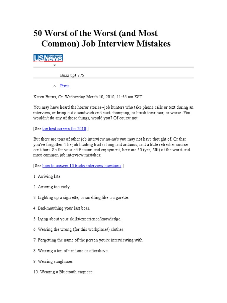 50 Worst of The Worst (And Most Common) Job Interview Mistakes | PDF