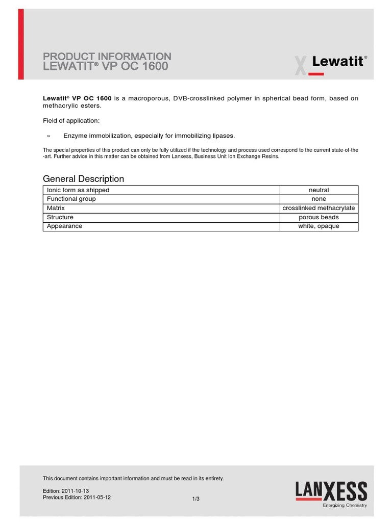 Lewatit VP OC 1600 L | PDF | Porosity | Materials Science