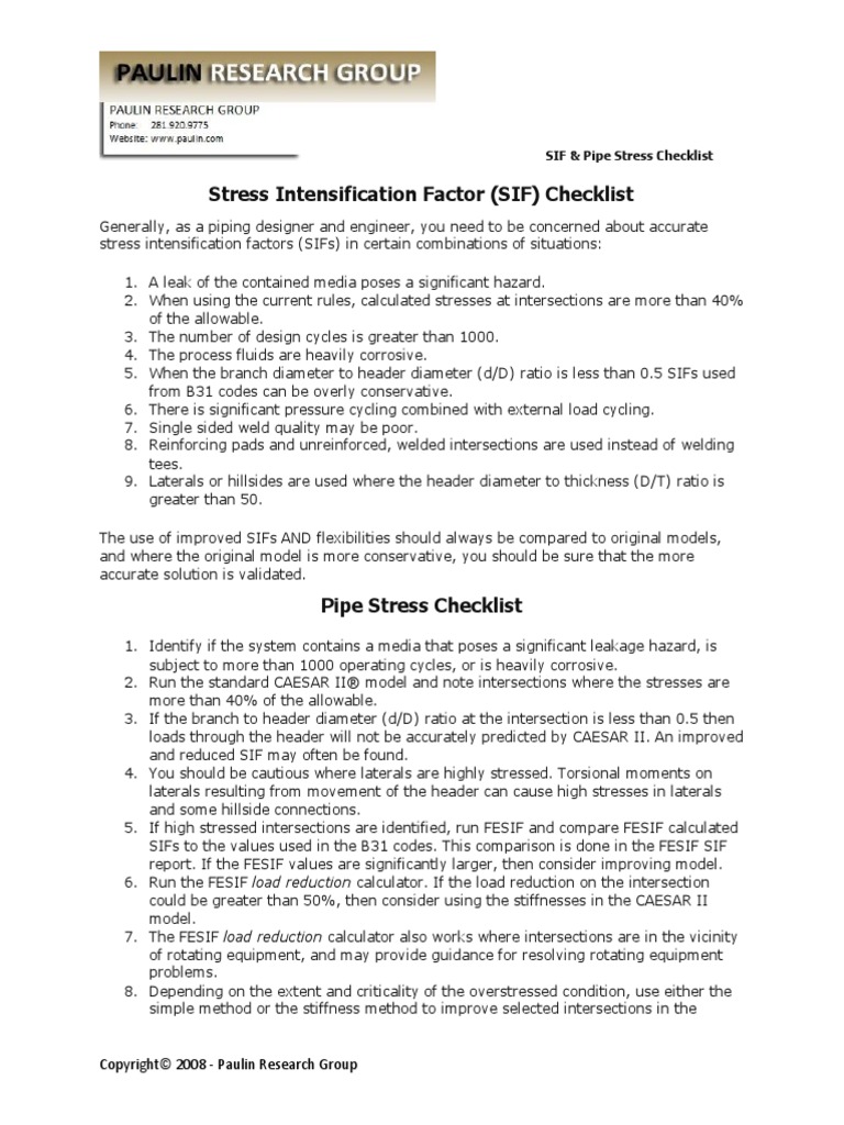 SIF Pipe Stress Checklist | PDF | Pipe (Fluid Conveyance) | Stress ...