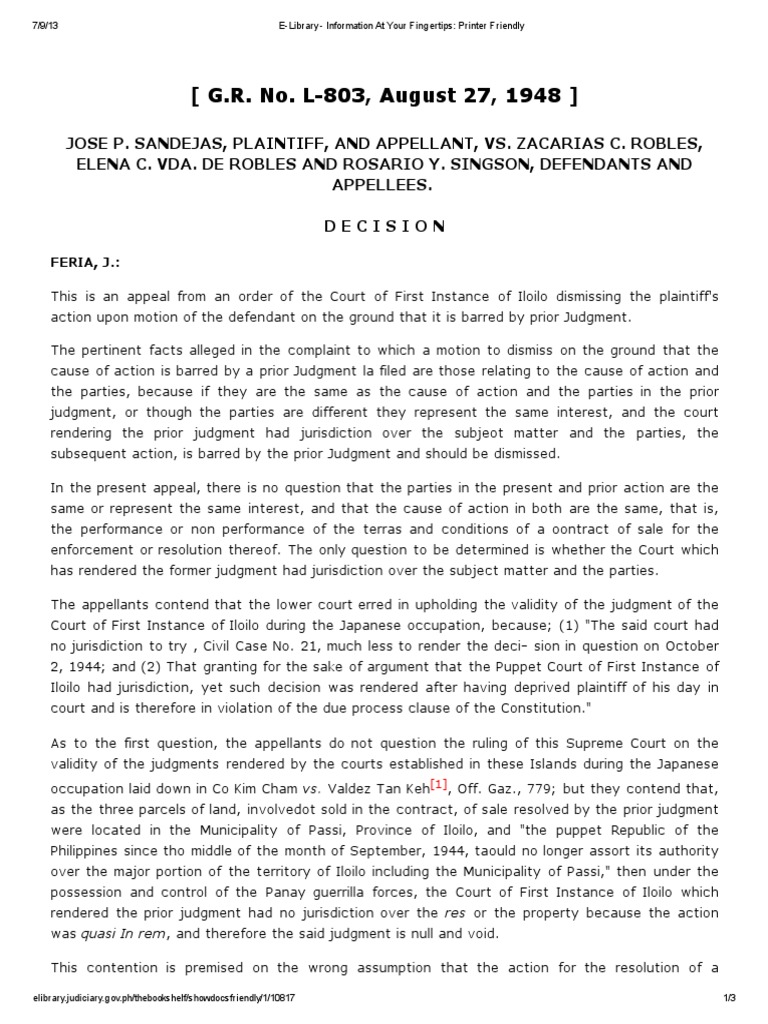 (GR) Sandejas V Robles (1948) | PDF | In Rem Jurisdiction | Judgment (Law)