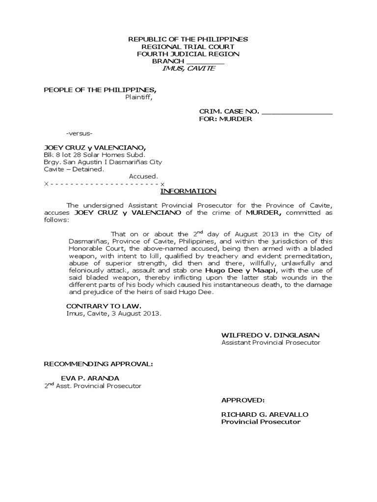 Sample Complaint/ Information | Prosecutor | Murder