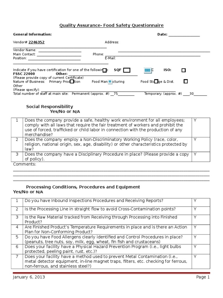 Quality Assurance-Food Safety Questionnaire: General Information: Date ...