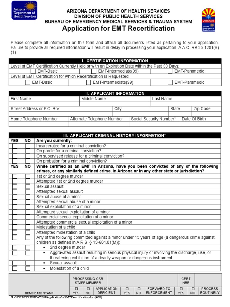 2008 Application For Emt Recertification | PDF | Assault | Emergency ...