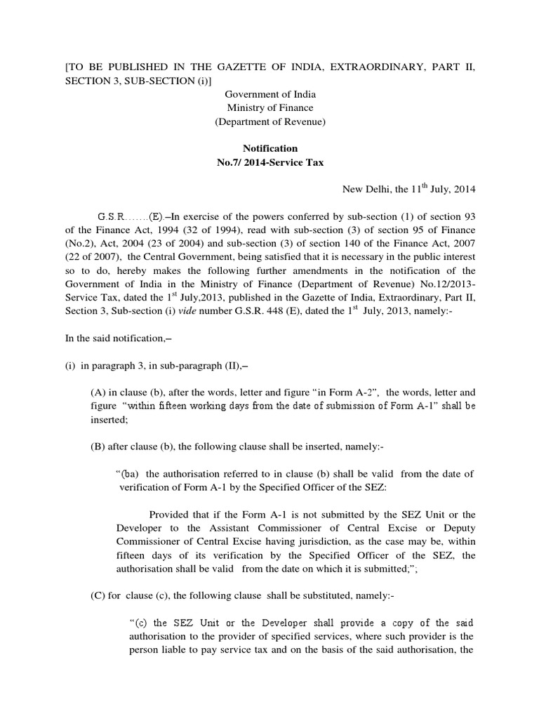 Service Tax Notification No.07/2014 Dated 11th July, 2014 | Taxes ...