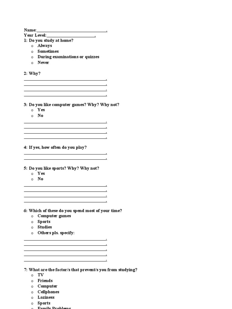 Student Study Habits and Interests Survey | PDF | Language Arts ...