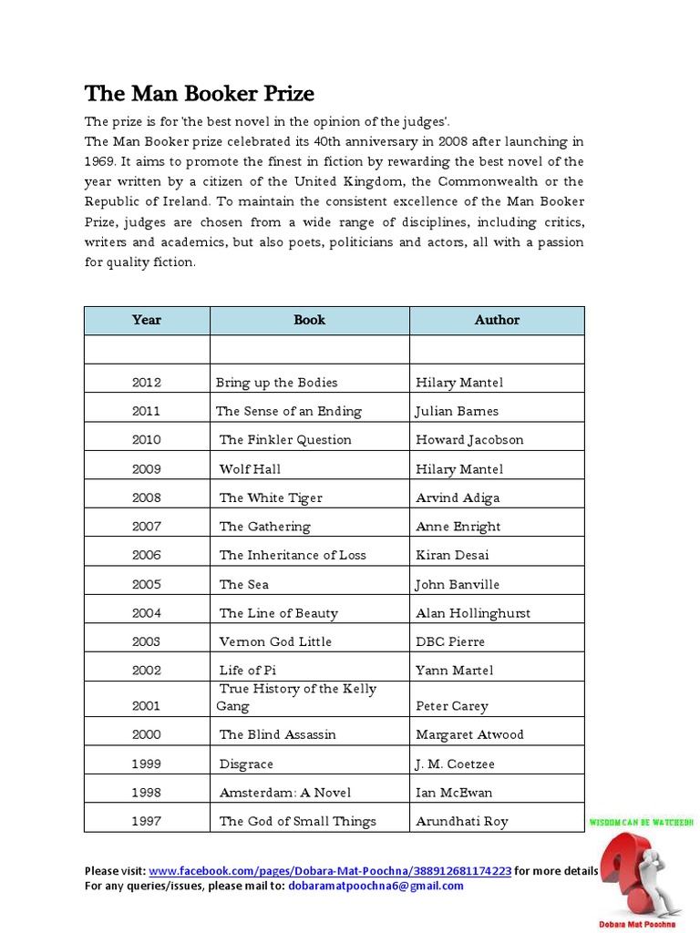 Booker Prize Winners by Year | PDF | Writers | Novelists