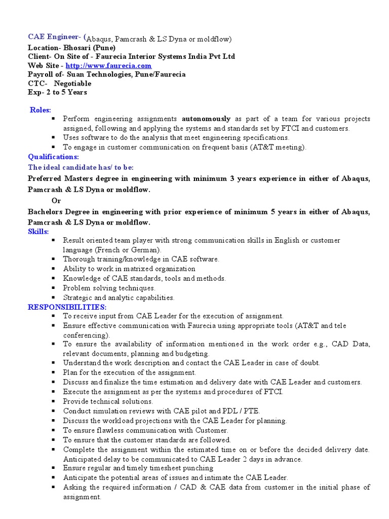 JD - CAE Engineer - LS Dyna & Abaqus | PDF | Computing | Business