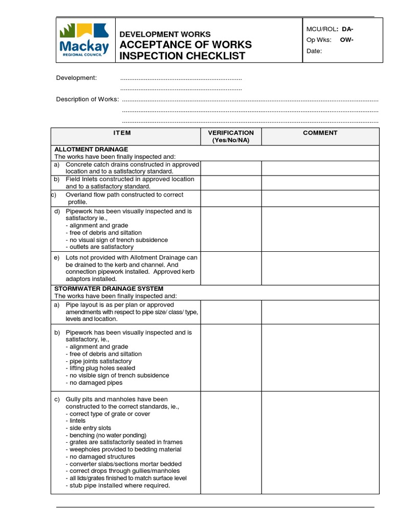 Acceptance of Works Inspection Checklist | Drainage | Sanitary Sewer ...