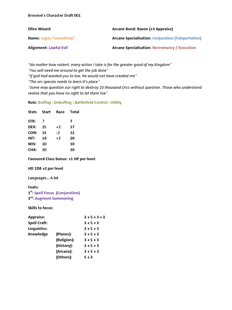 Lawful Evil Elfen Wizard Character Draft | PDF | Law