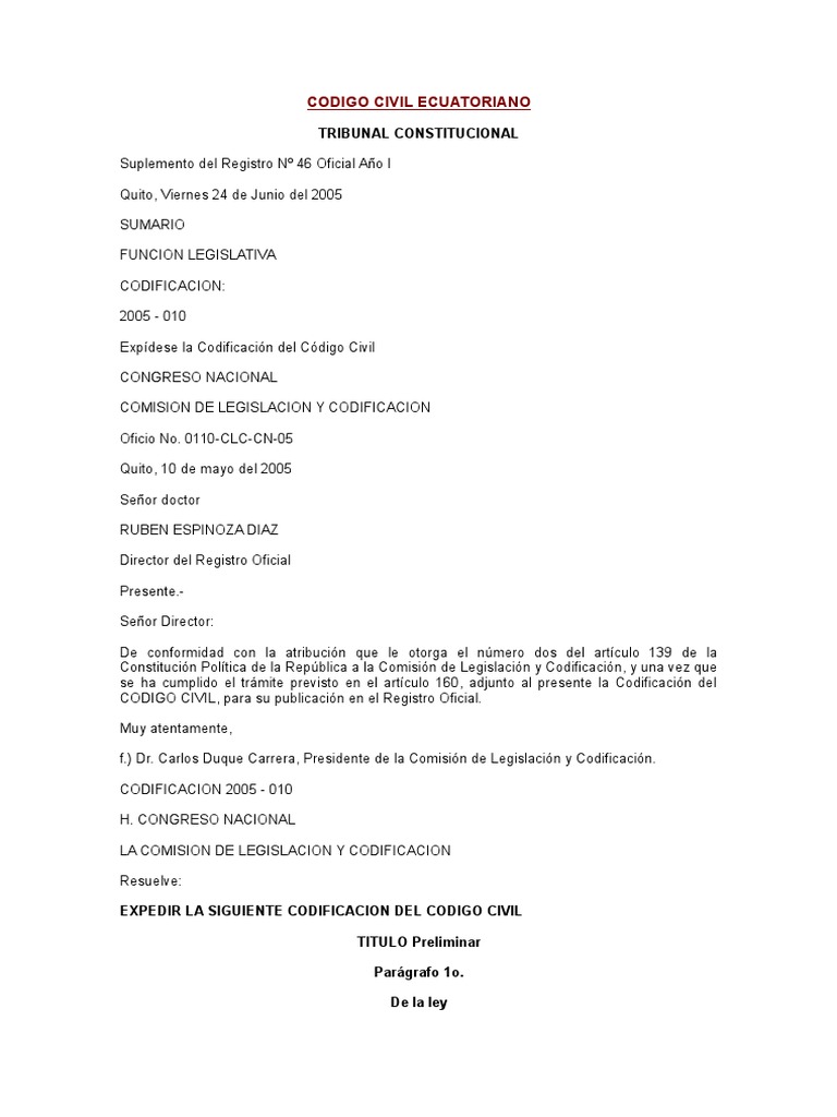 Codigo Civil Ecuatoriano | PDF | Voluntad y testamento | Unión Europea