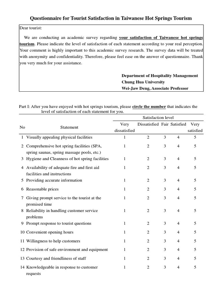 Questionnaire For Tourist Satisfaction in Taiwanese Hot Springs Tourism ...