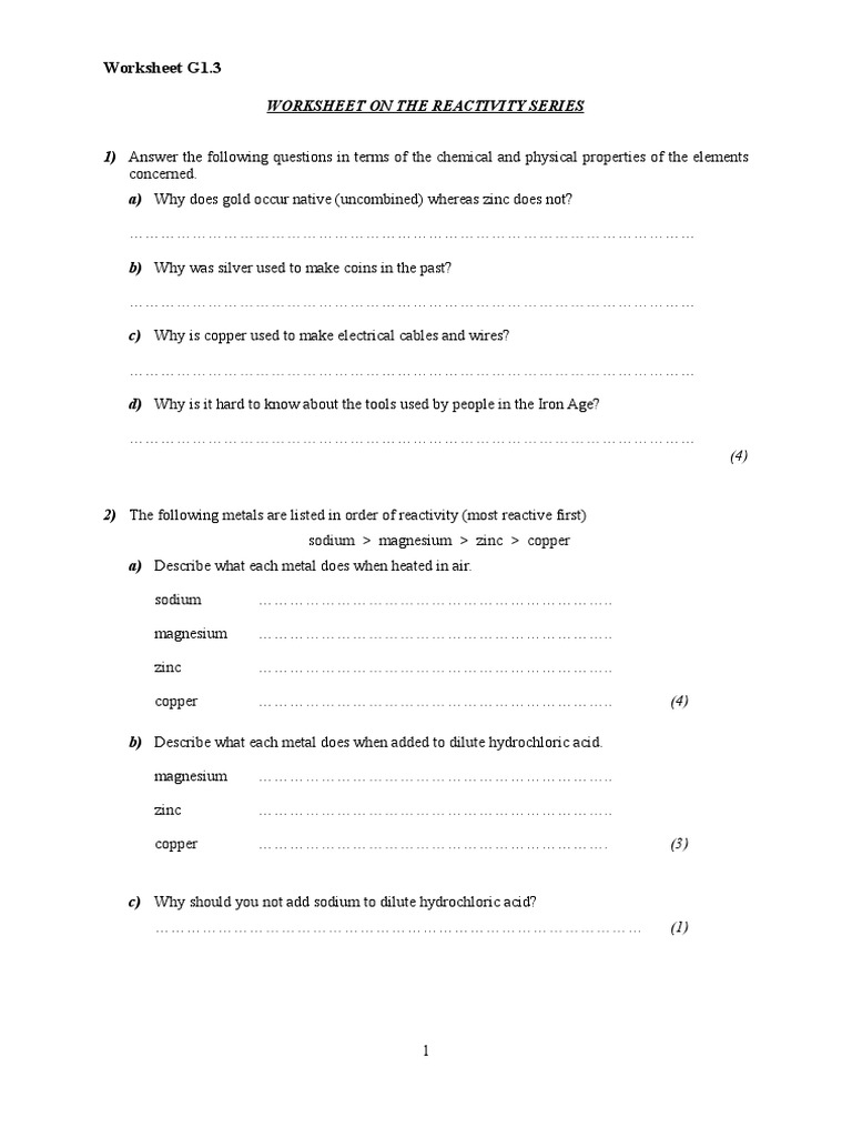 Worksheet On The Reactivity Series | PDF