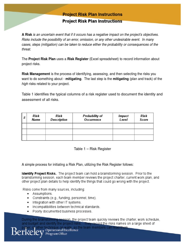 Project Risk Plan Instructions Project Risk Plan Instructions | PDF ...