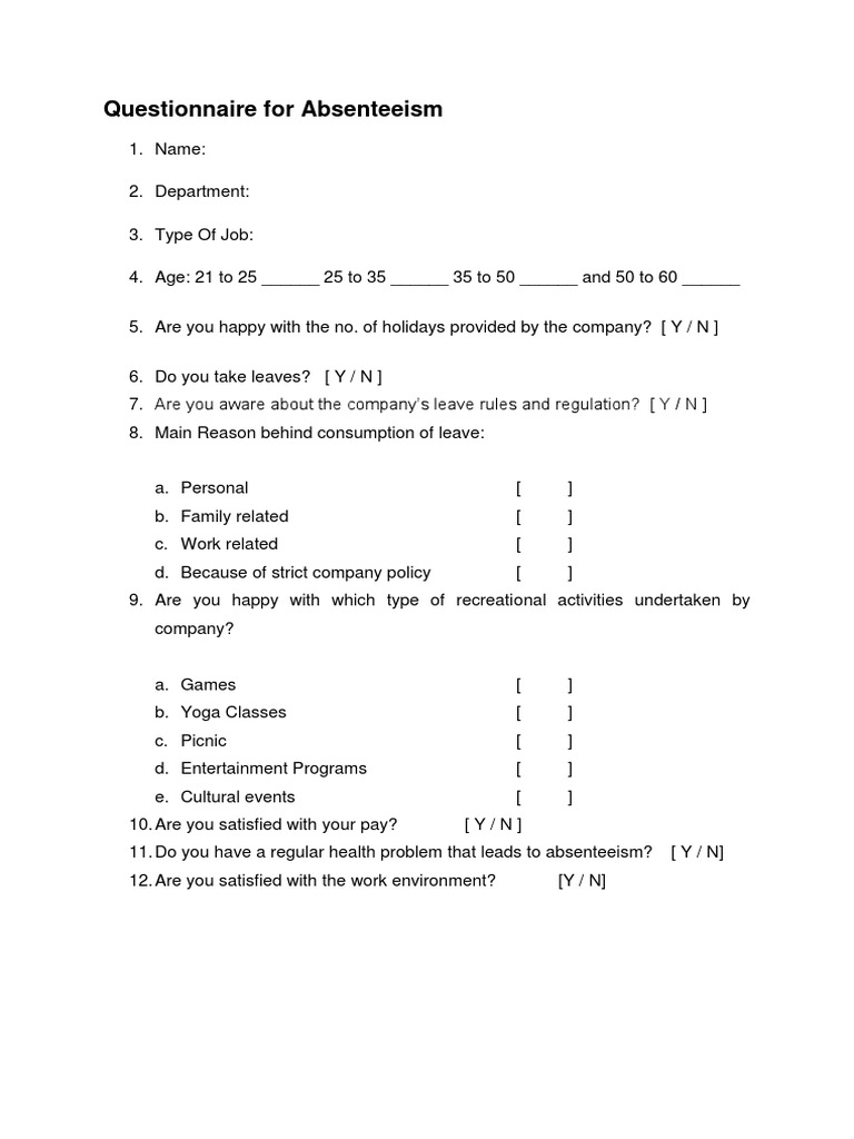 Questionnaire For Absenteeism | PDF