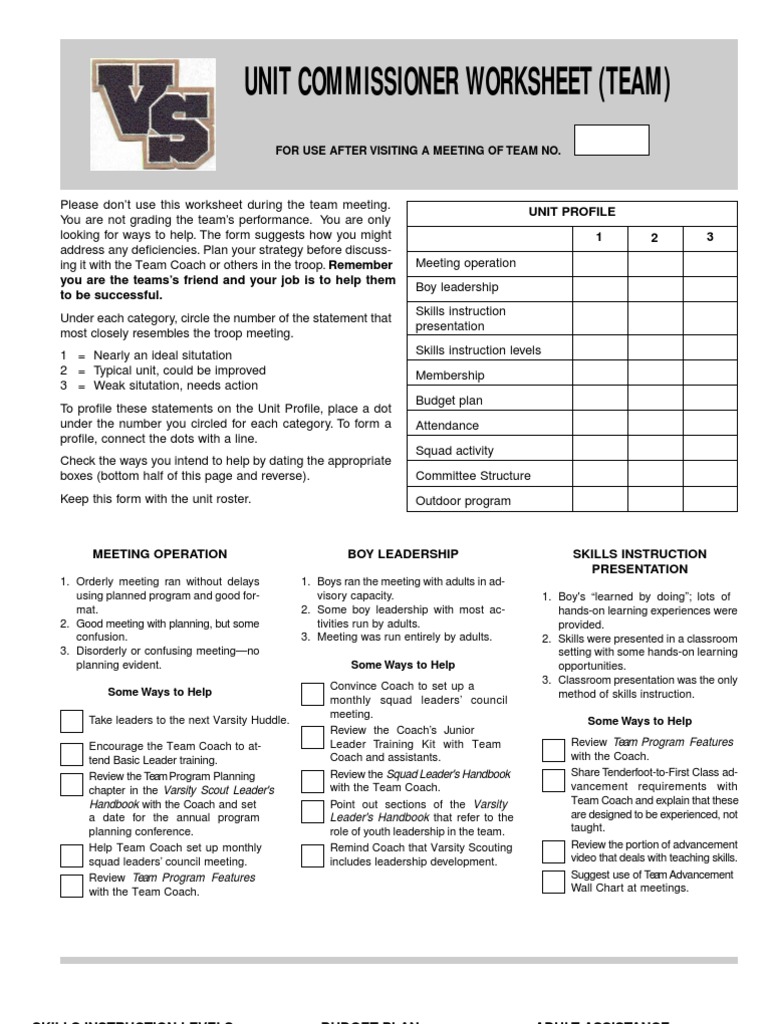 Unit Commissioner Worksheet | PDF | Youth Movements | Scouting