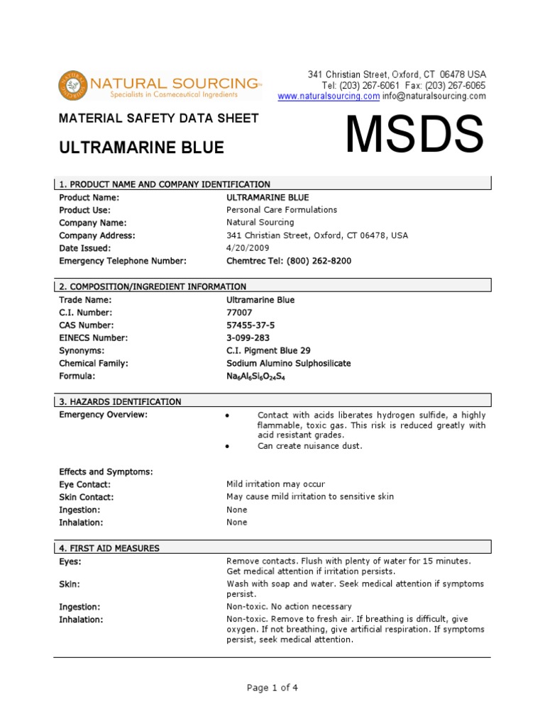 MSDS Ultramarine Blue | Sulfur | Toxicity