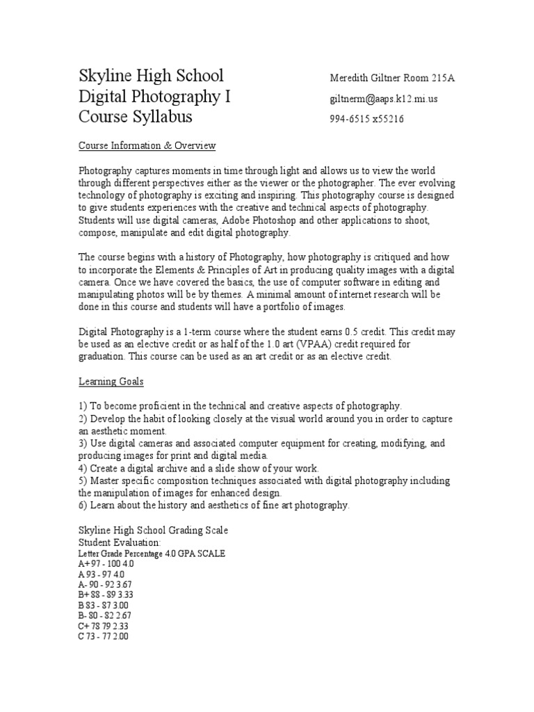 Skyline High School Digital Photography Syllabus | PDF | Digital ...