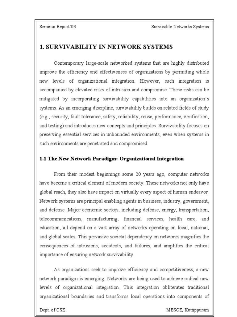 Survivability In Network Systems Seminar Report03 Survivable Networks Systems Pdf Computer