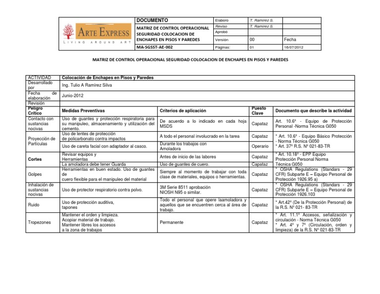 Matriz de Control Operacional Seguridad Colocacion de Enchapes en Pisos ...