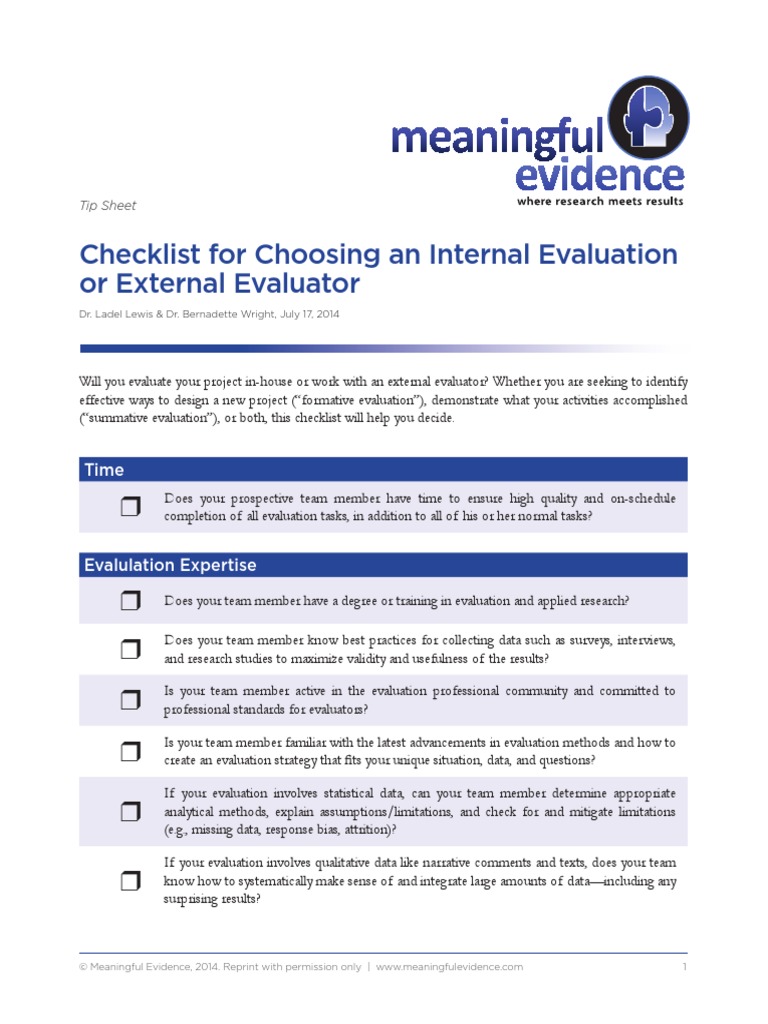 Internal or External Evaluation Checklist | Program Evaluation | Evaluation