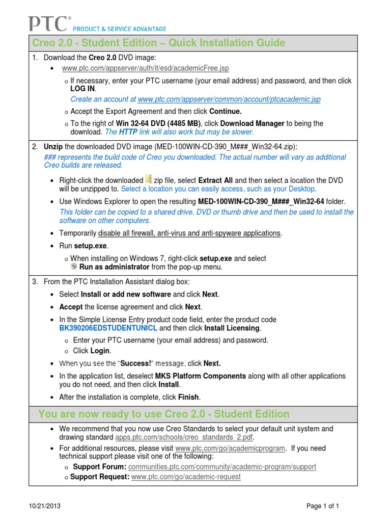 Creo 2.0 - Student Edition - Quick Installation Guide: Log in | PDF
