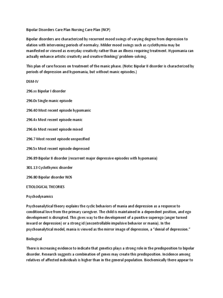 Nursing Care Plan for Bipolar Mania | PDF | Bipolar Disorder | Mania