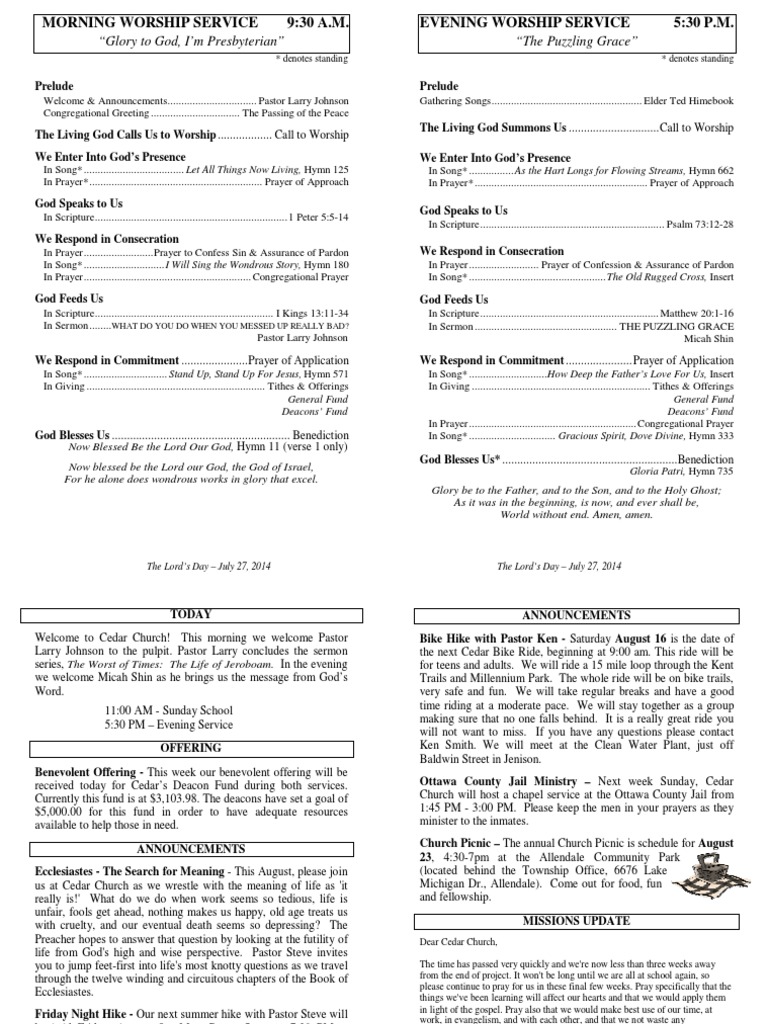 Morning Worship Service 9:30 A.M. Evening Worship Service 5:30 P.M ...