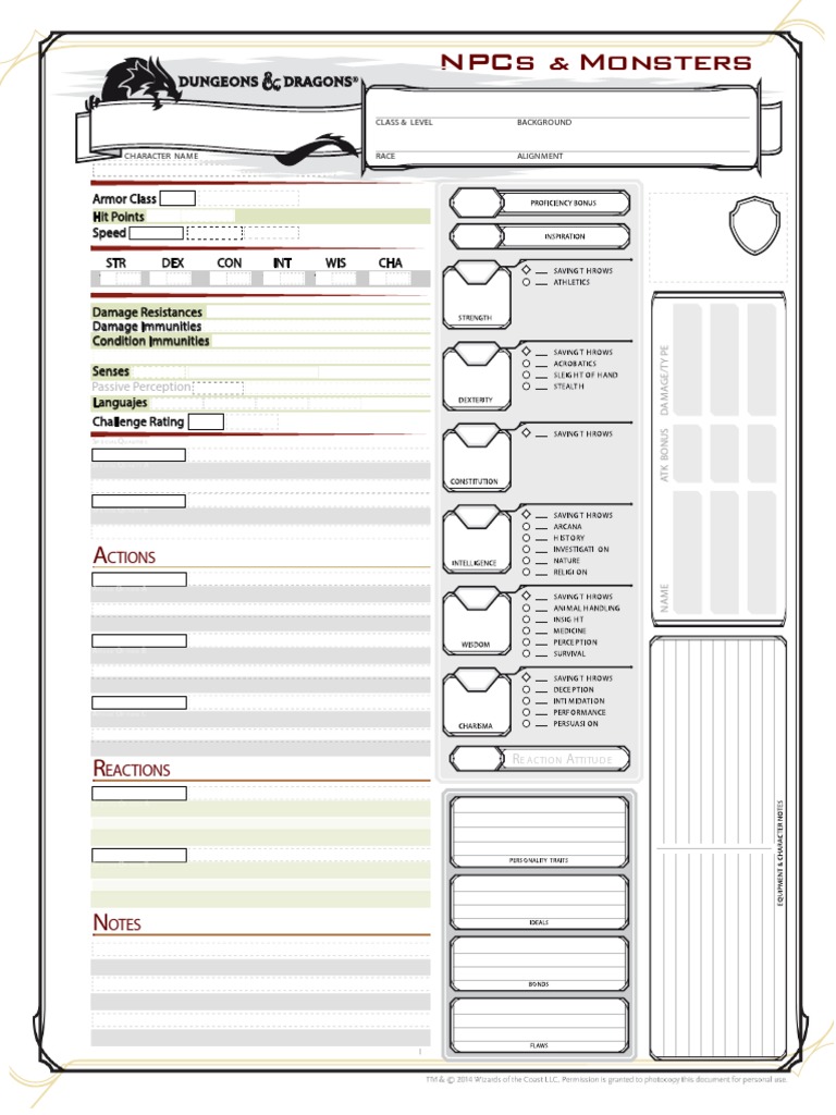 D&D Next Monster&NPC Sheet (Fan Made) | PDF