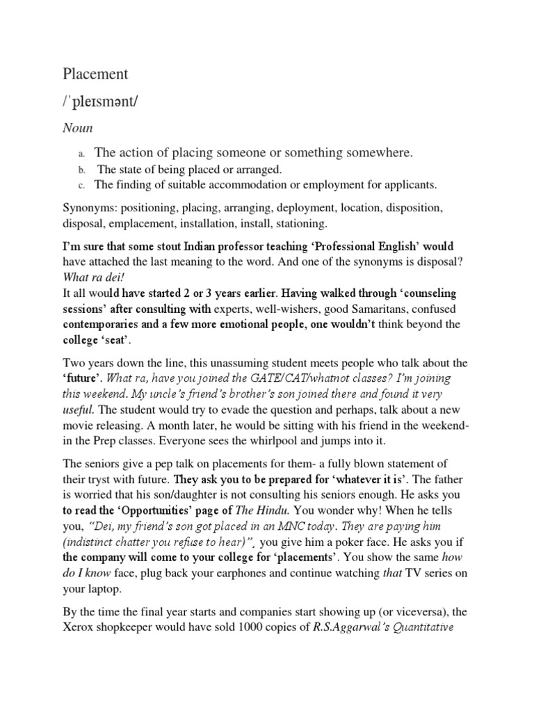 Placement / Pleɪsmənt/: The Action of Placing Someone or Something ...