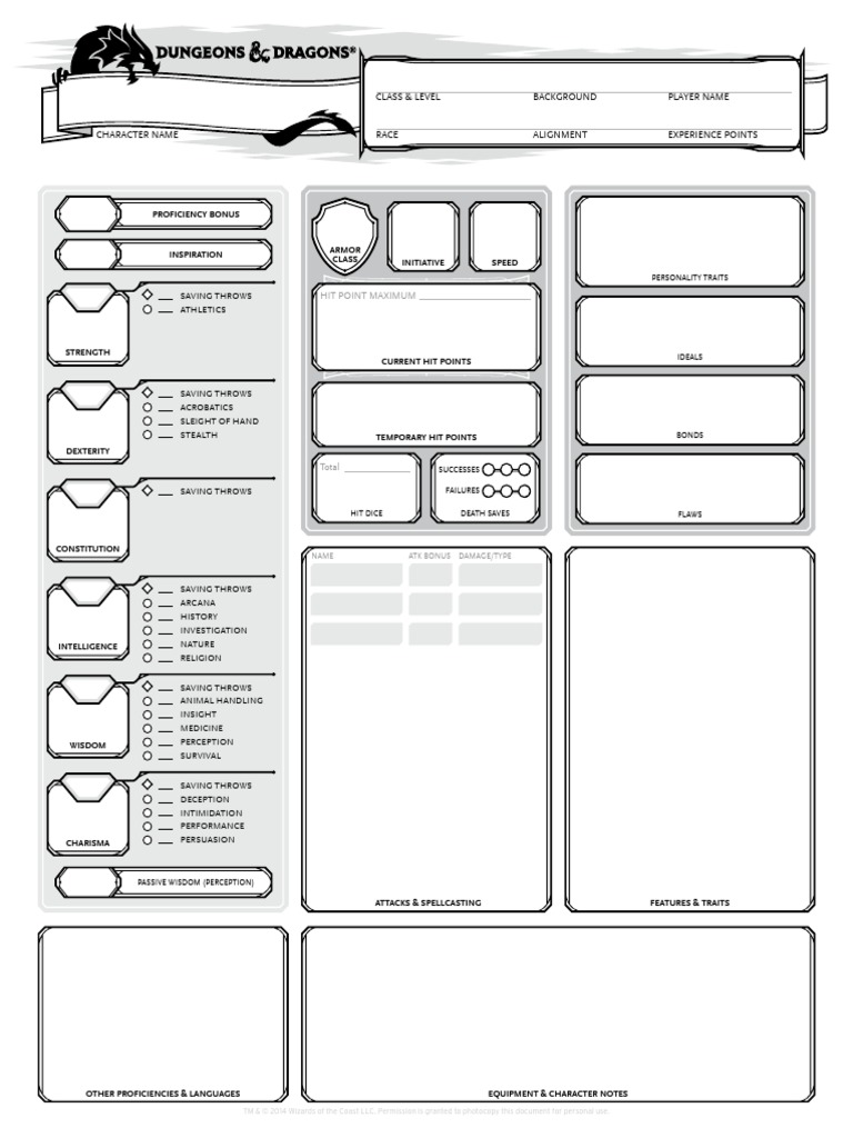 D&D 5E Fillable Character Sheet | PDF