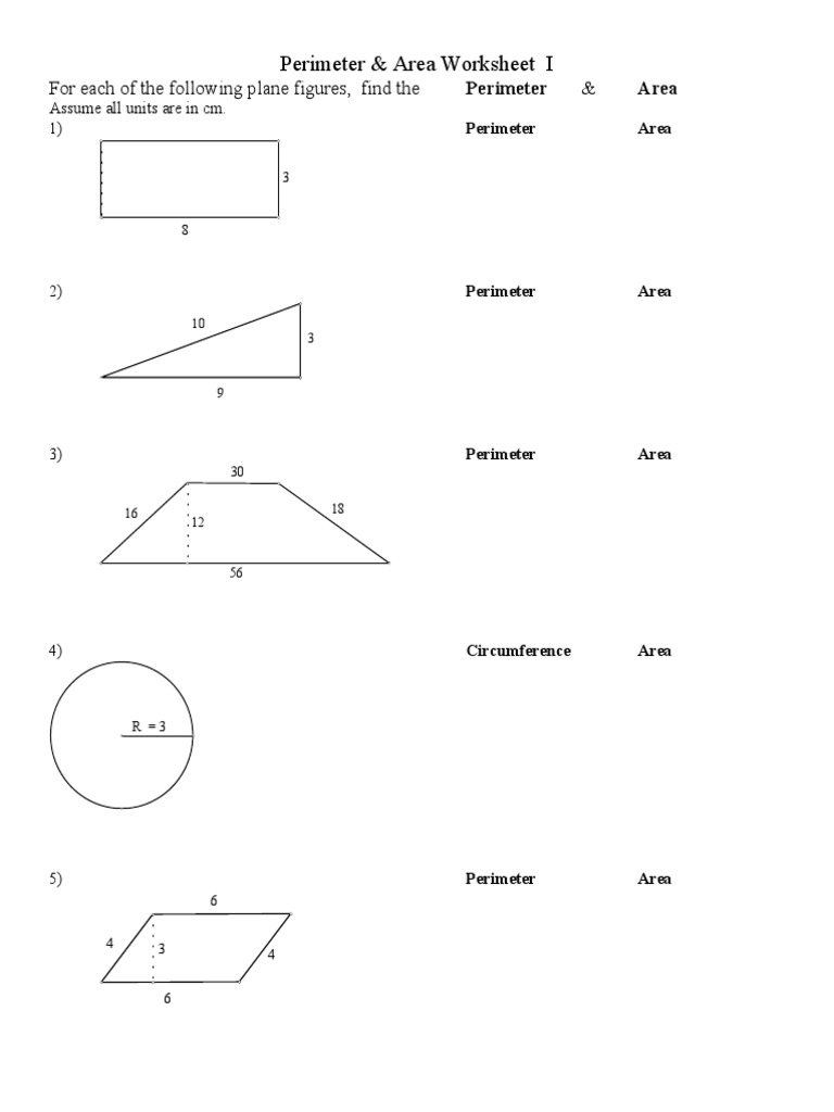 Perimeter & Area Worksheet I: For Each of The Following Plane Figures ...