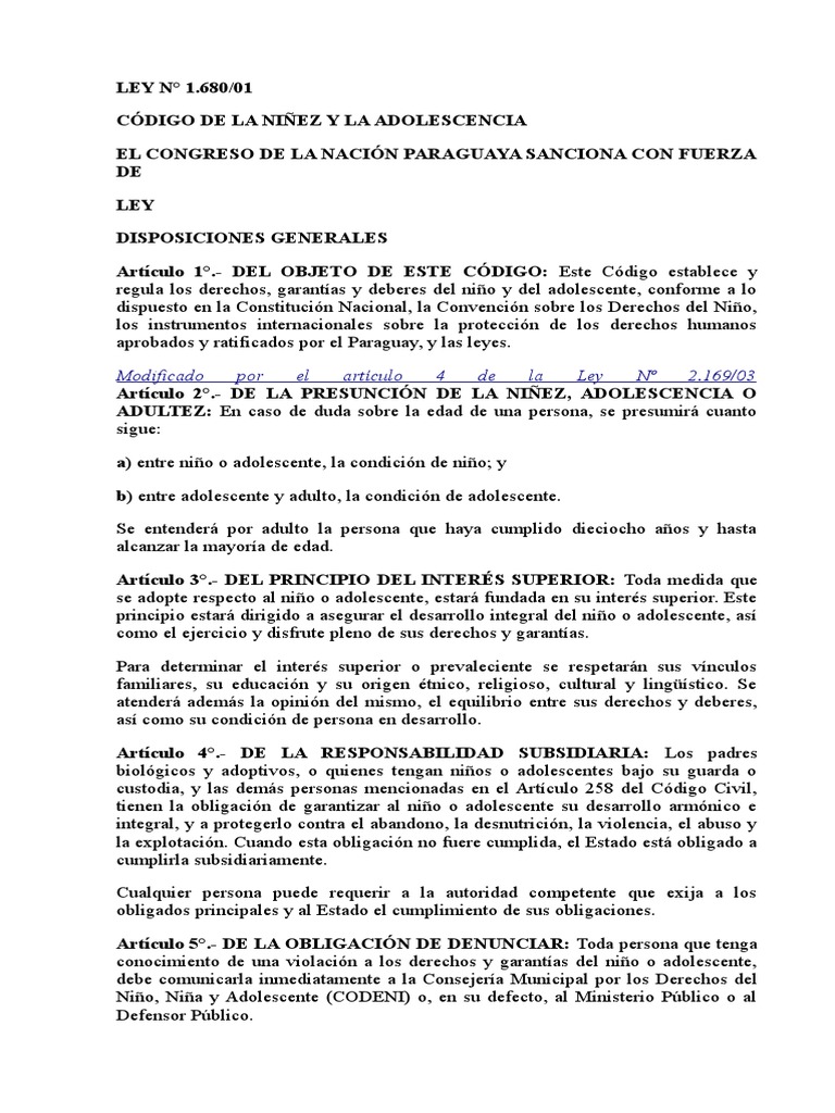 Ley 1680 de 2001 Código de La Niñez y La Adolescencia | PDF | Unión Europea | Convención de los ...