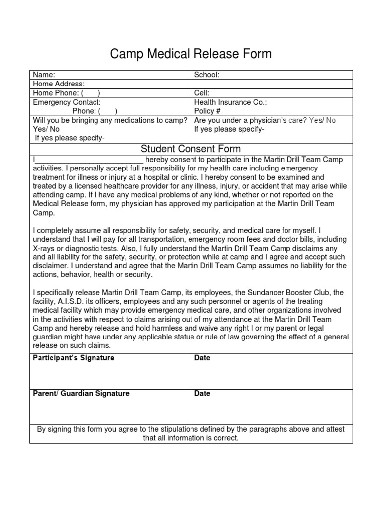 Camp Medical Release Form | PDF