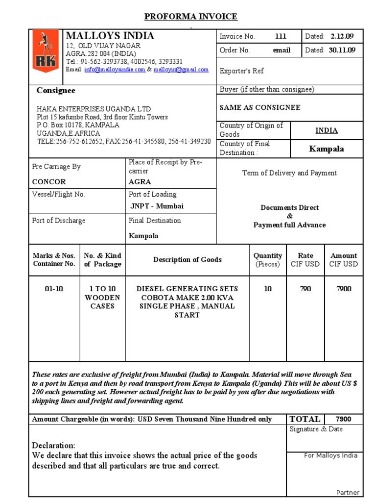 Proforma Invoice For Kampala 2.12.09 | PDF | Consignee | Supply Chain ...