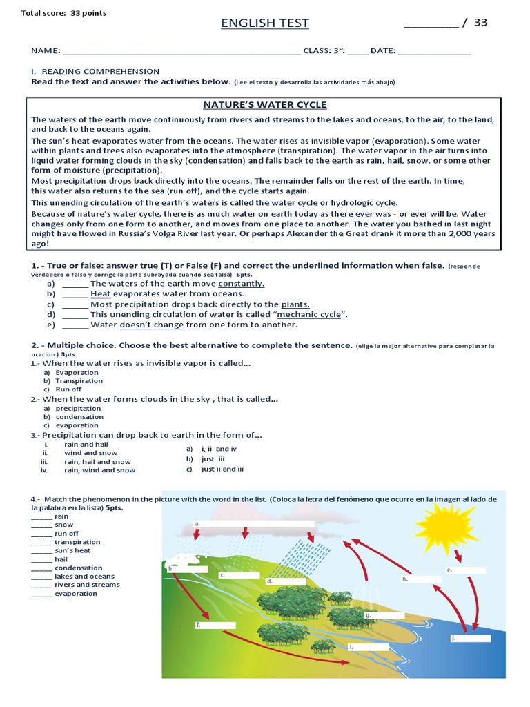English Test Water Cycle | PDF | Water Cycle | Evaporation