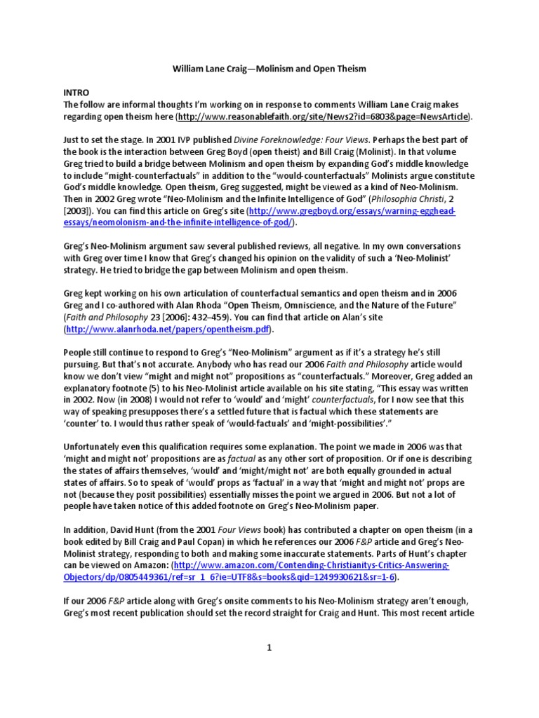 William Lane Craig - Molinism and Open Theism | PDF | Metaphysics | Logic