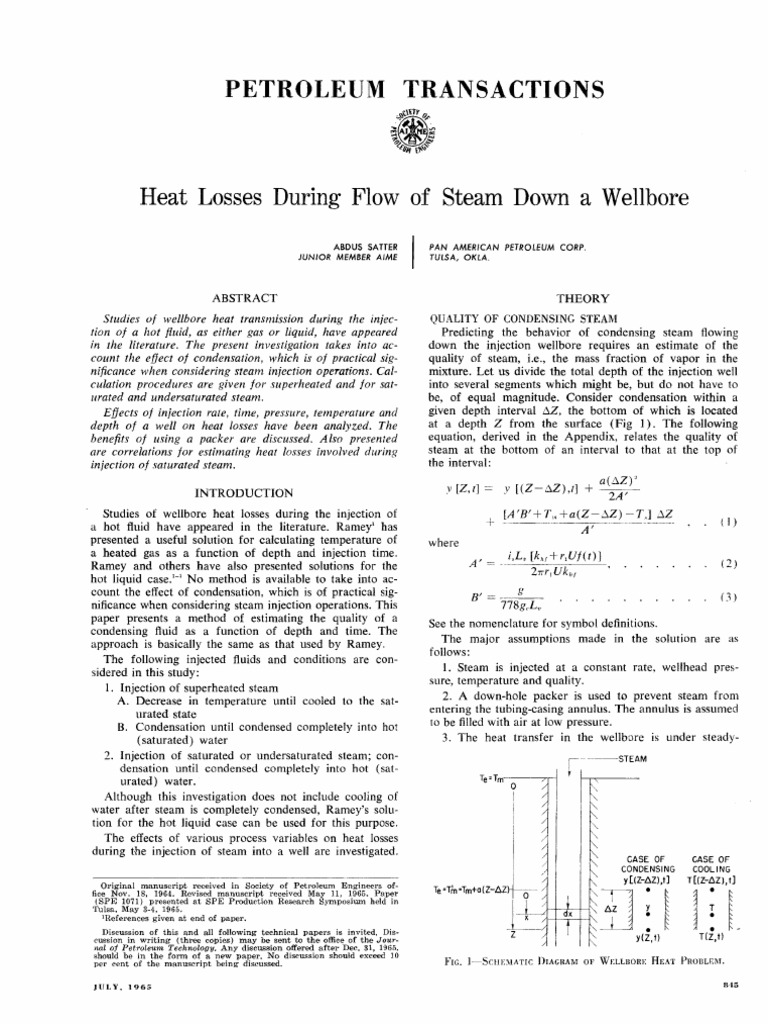 Petroleum: Heat Losses During Flow of Steam Down A Wellbore | PDF ...