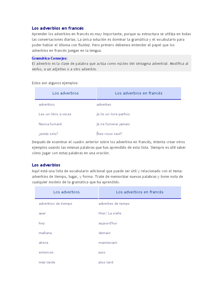 Los Adverbios en Francés | PDF | Adverbio | Idioma francés