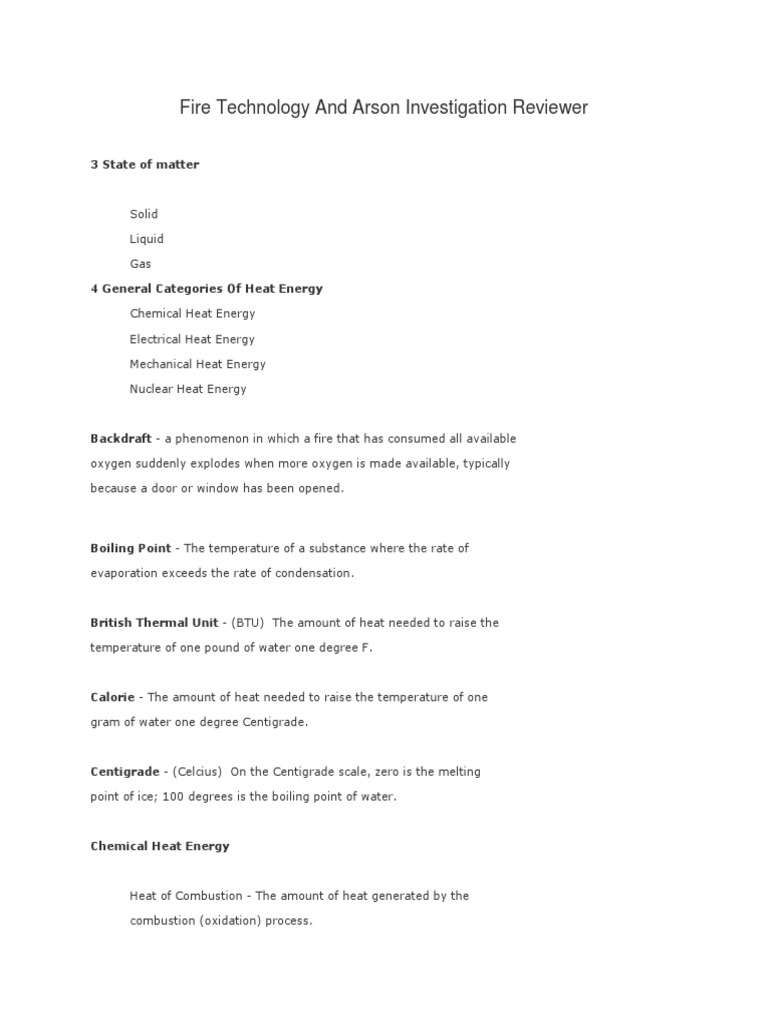Fire Technology and Arson Investigation Reviewer | PDF | Combustion | Fires