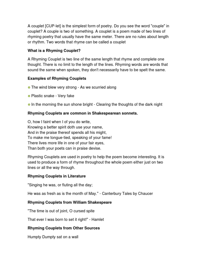 Rhyming Eight Syllable Couplets | Rhyme | Poetry