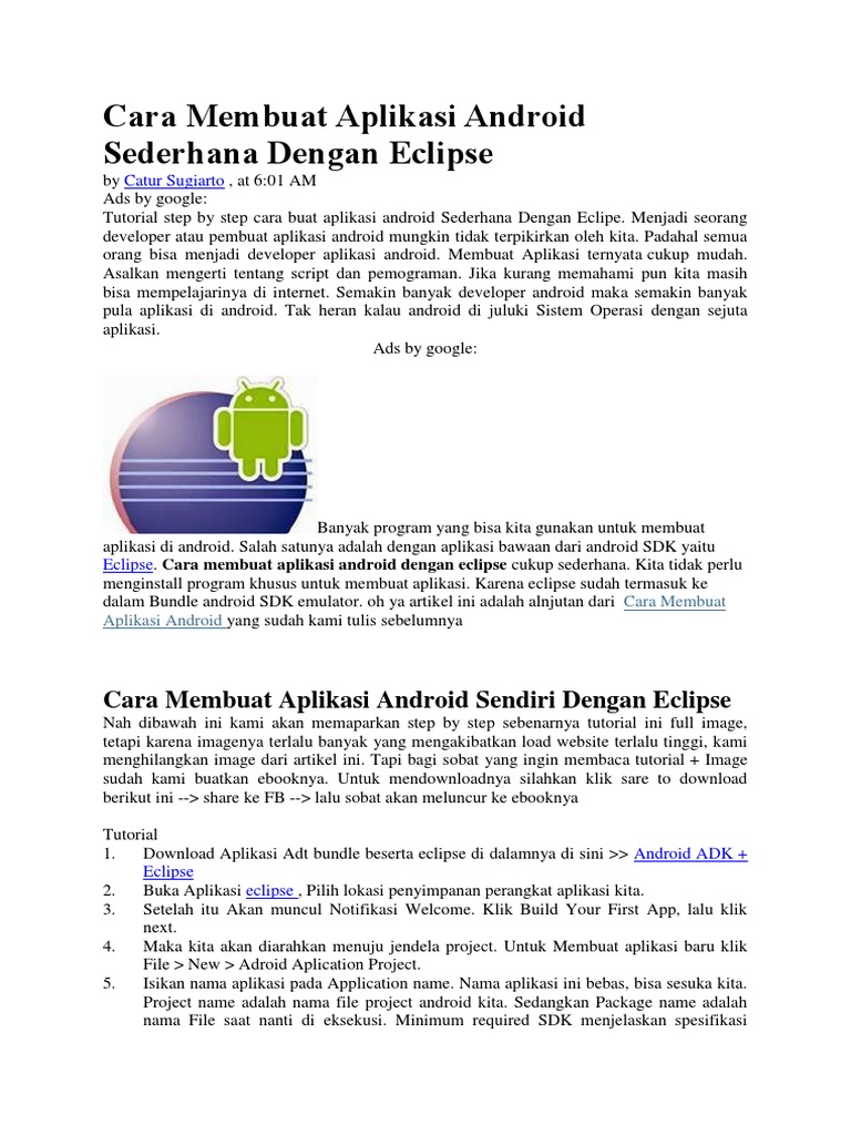 Cara Membuat Aplikasi Android Sederhana Dengan Eclipse | PDF