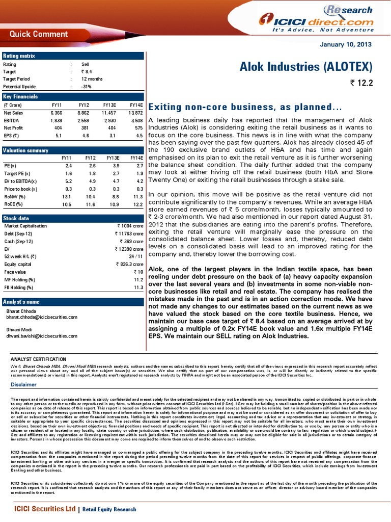 Alok Industries Retail Exit Analysis | PDF | Securities Research ...