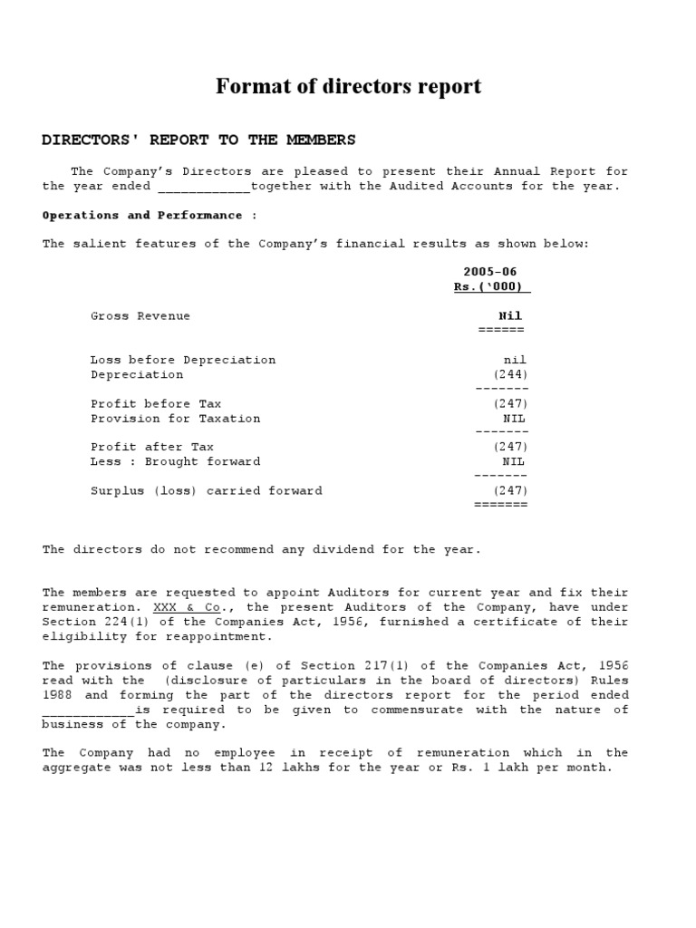 Director Report | Going Concern | Board Of Directors