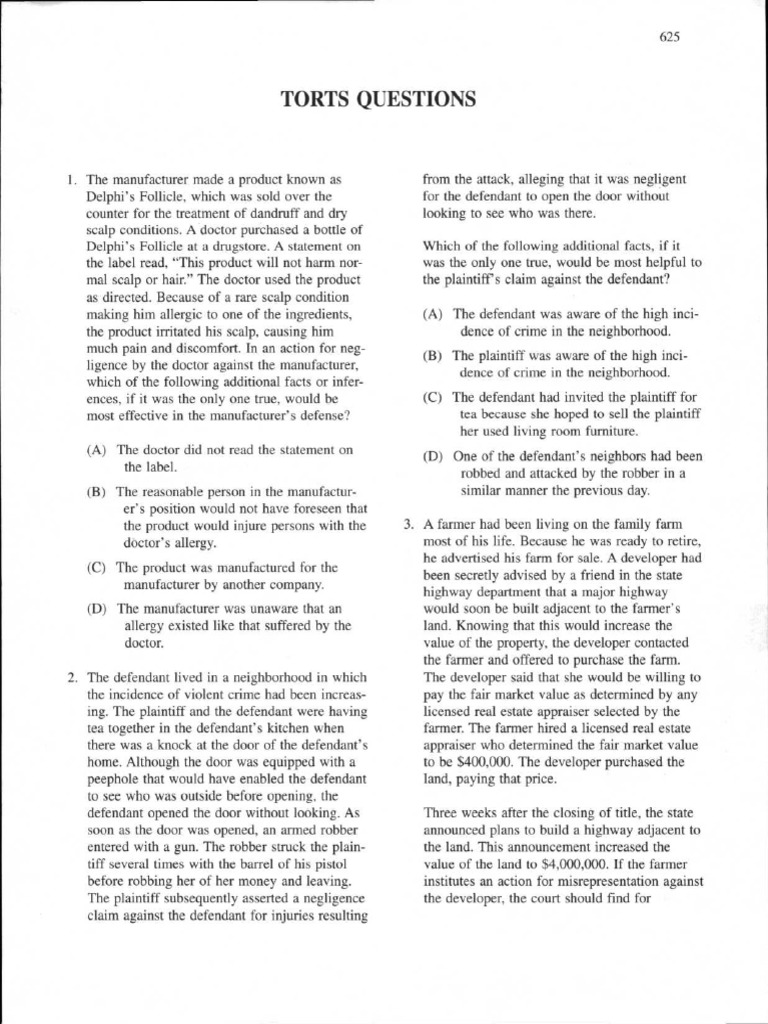 Torts Exam Questions and Scenarios | PDF | Negligence | Tort