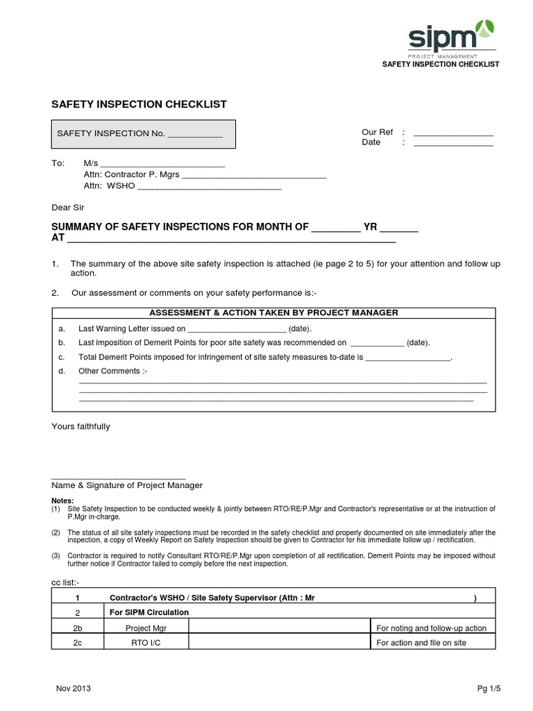 Weekly Safety Inspection Checklist (SIPM) Updated Nov 2013 | Download ...