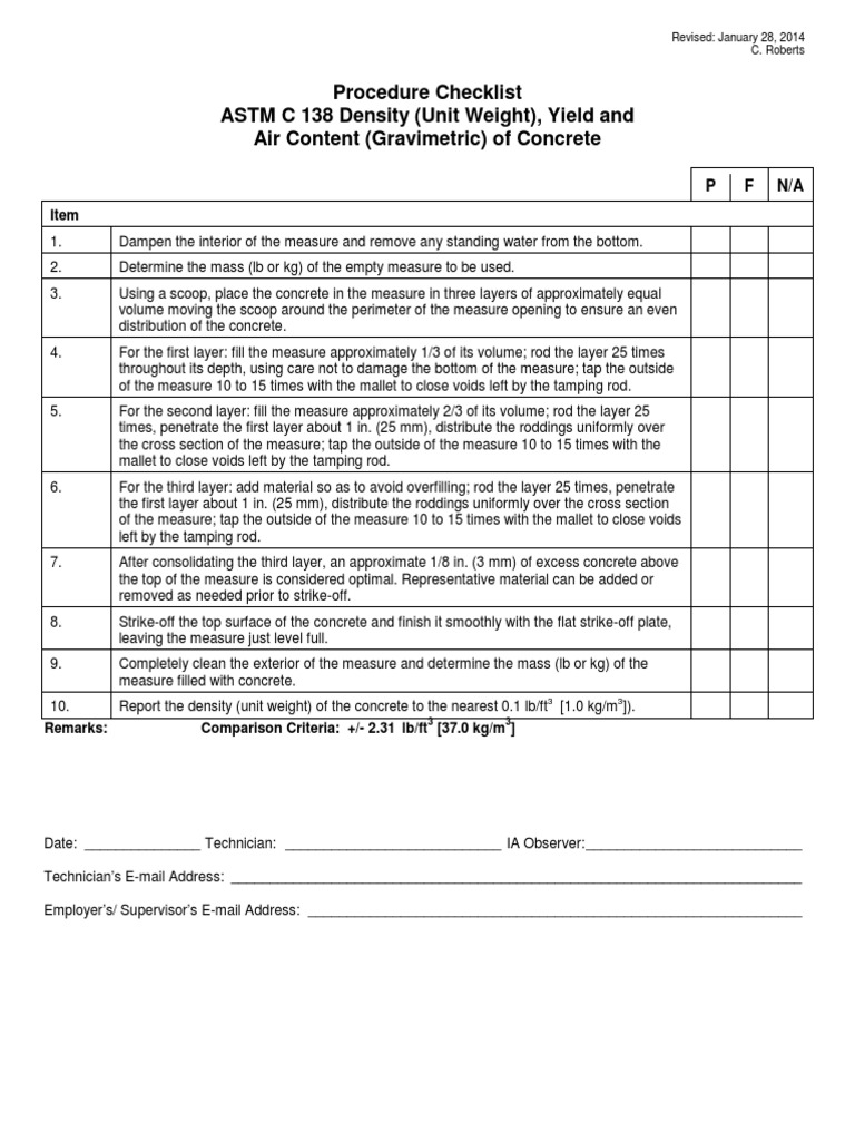 Procedure Checklist - ASTM C138 | Density | Concrete
