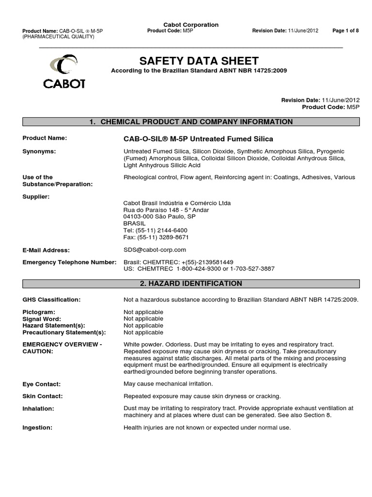 Cab o Sil M 5p Msds | PDF | Occupational Hygiene | Personal Protective ...