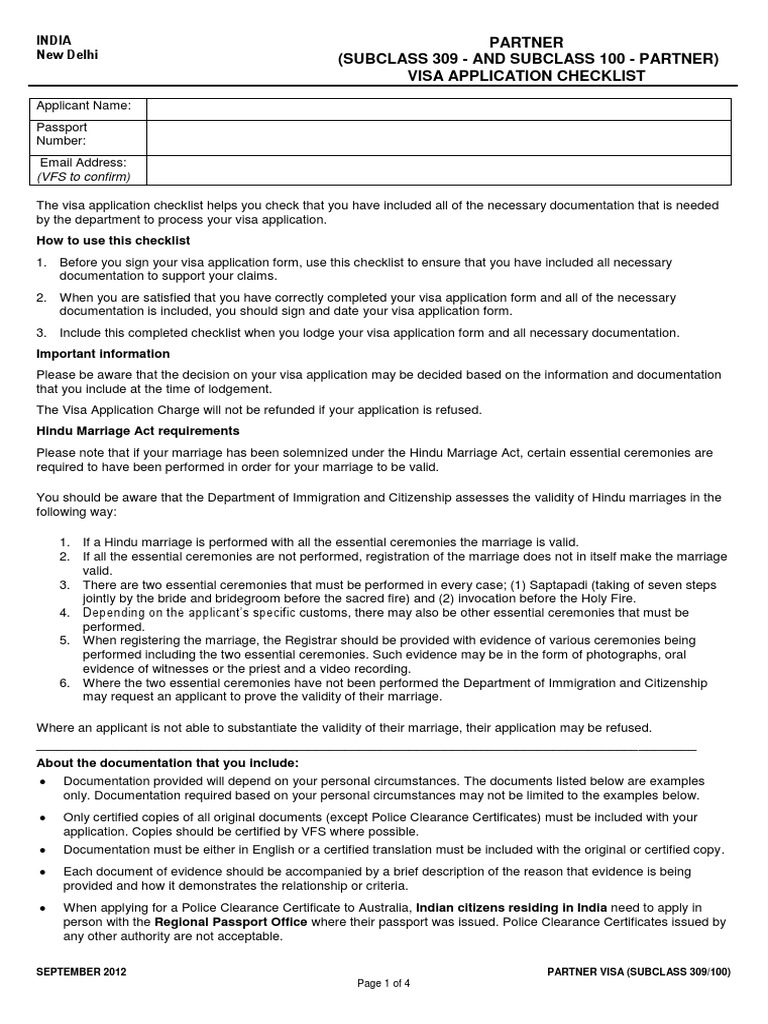 Checklist Partner 309.100 - InDIA August 2012 | PDF | Travel Visa ...
