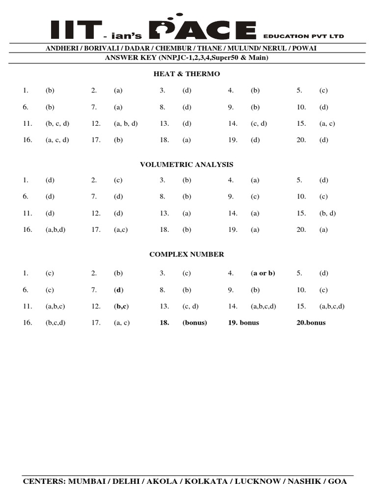 ANSWER KEY (NNPJC-1,2,3,4, Super50 & Main) Heat & Thermo | PDF