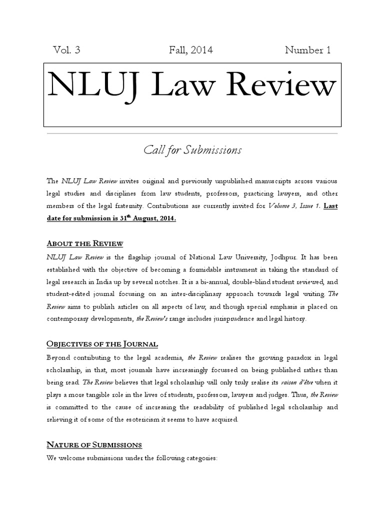 NLUJ Law Review Call For Papers | PDF | Law Review | Jurisprudence